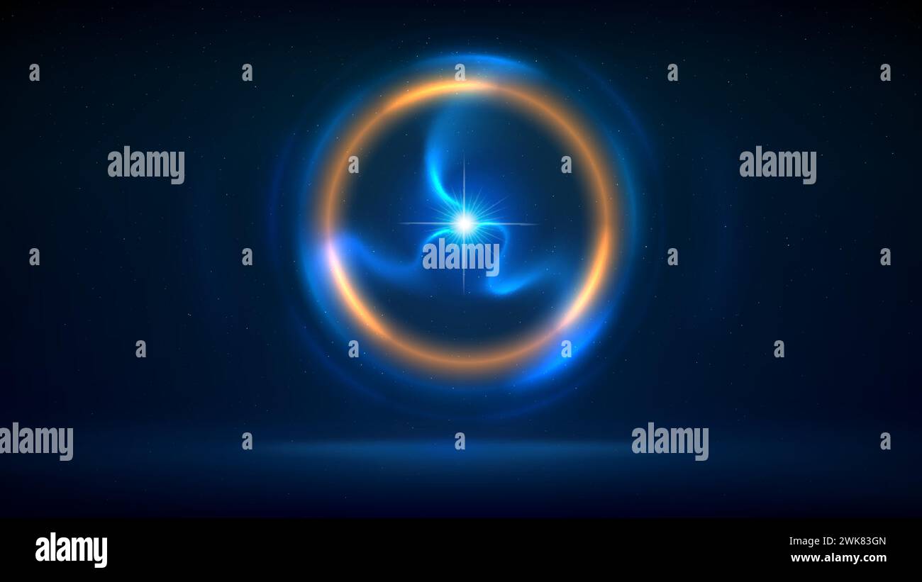 Golden blue circular lighting background, electric discharge, arc, ball lightning. Golden ring ...