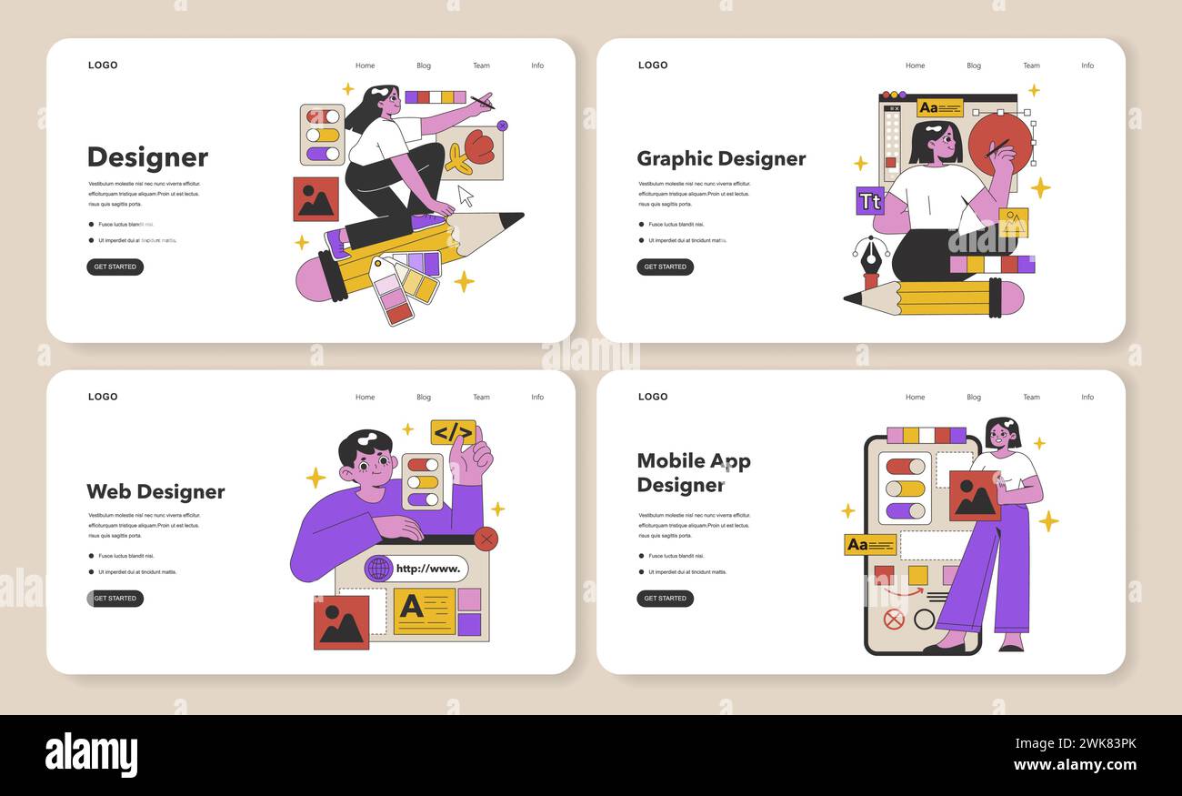 Design Professionals in Action set. Artists immersed in graphic, web ...