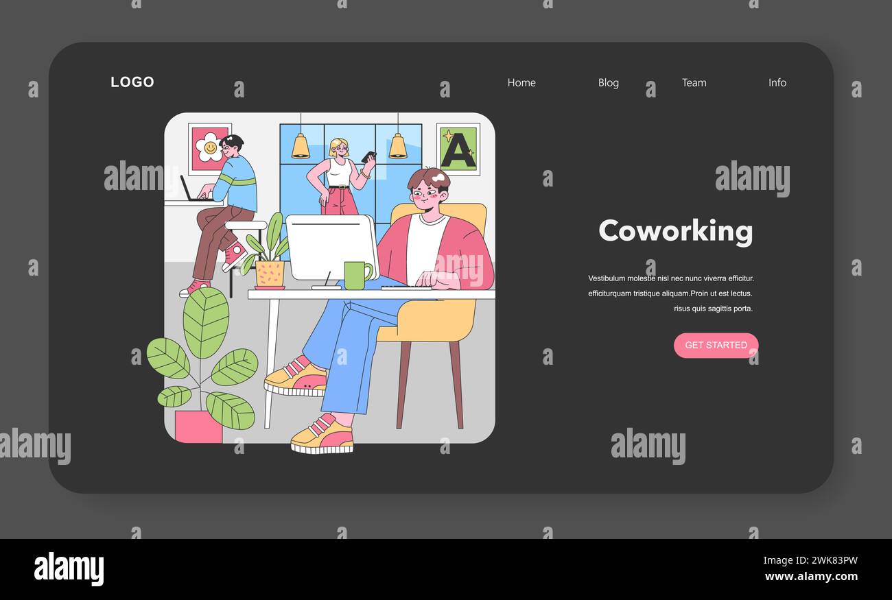 Creative team at work in a vibrant office. Characters engage with tech, discuss projects, and ...