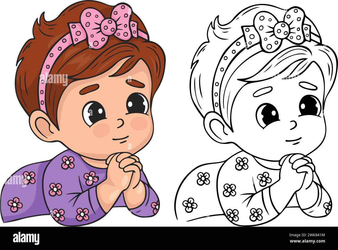 Cute praying little baby girl. Religious believer child character ...