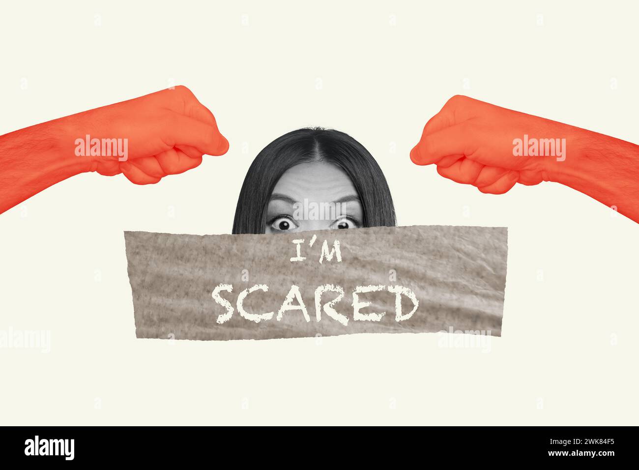 Creative collage picture illustration black white filter scared unhappy ...