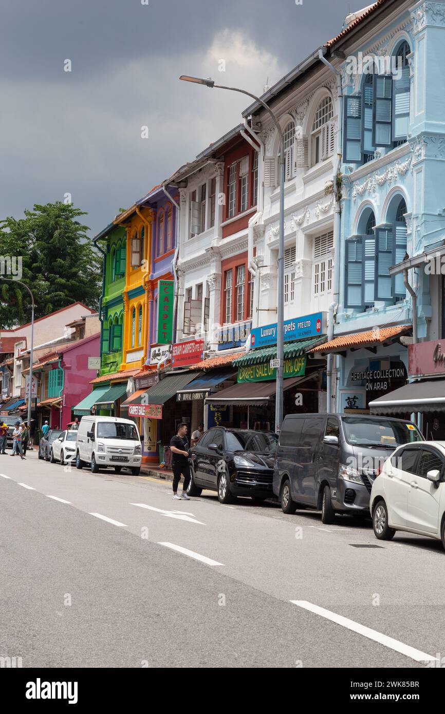 Colorful buildings with wooden windows in Kampong Glam Stock Photo - Alamy
