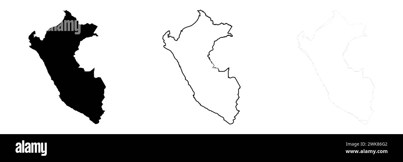 Peru country silhouette. Set of 3 high detailed maps. Solid black ...