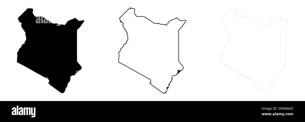 Kenya country silhouette. Set of 3 high detailed maps. Solid black ...