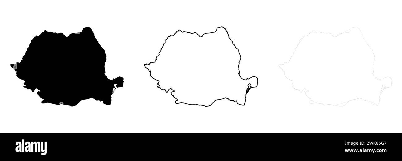 Romania country silhouette. Set of 3 high detailed maps. Solid black ...