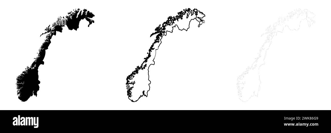 Norway country silhouette. Set of 3 high detailed maps. Solid black ...