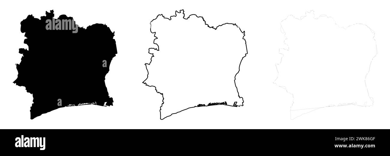 Ivory Coast country silhouette. Set of 3 high detailed maps. Solid ...