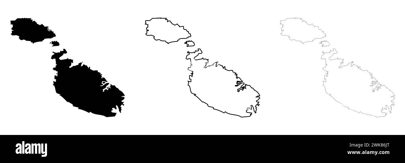 Malta country silhouette. Set of 3 high detailed maps. Solid black ...