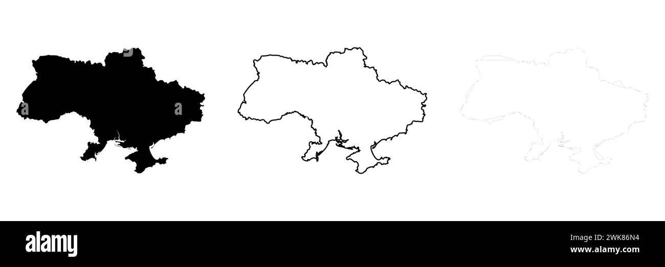 Ukraine country silhouette. Set of 3 high detailed maps. Solid black ...