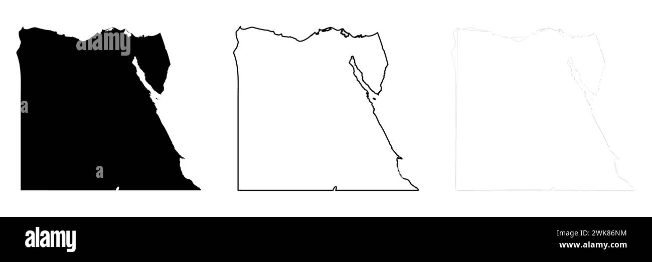 Egypt country silhouette. Set of 3 high detailed maps. Solid black silhouette, thick black ...