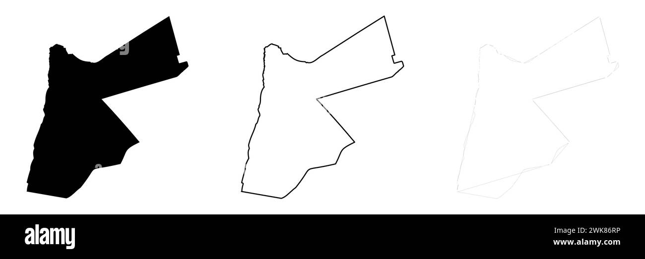 Jordan country silhouette. Set of 3 high detailed maps. Solid black silhouette, thick black ...