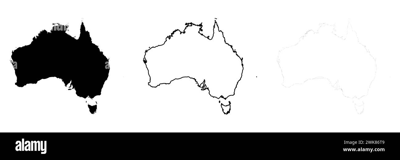 Australia country silhouette. Set of 3 high detailed maps. Solid black ...
