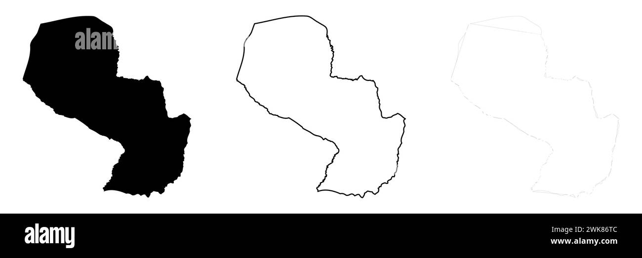 Paraguay country silhouette. Set of 3 high detailed maps. Solid black silhouette, thick black ...