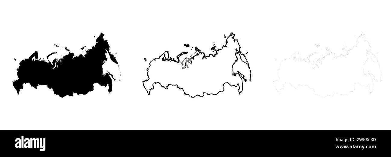 Russia country silhouette. Set of 3 high detailed maps. Solid black ...