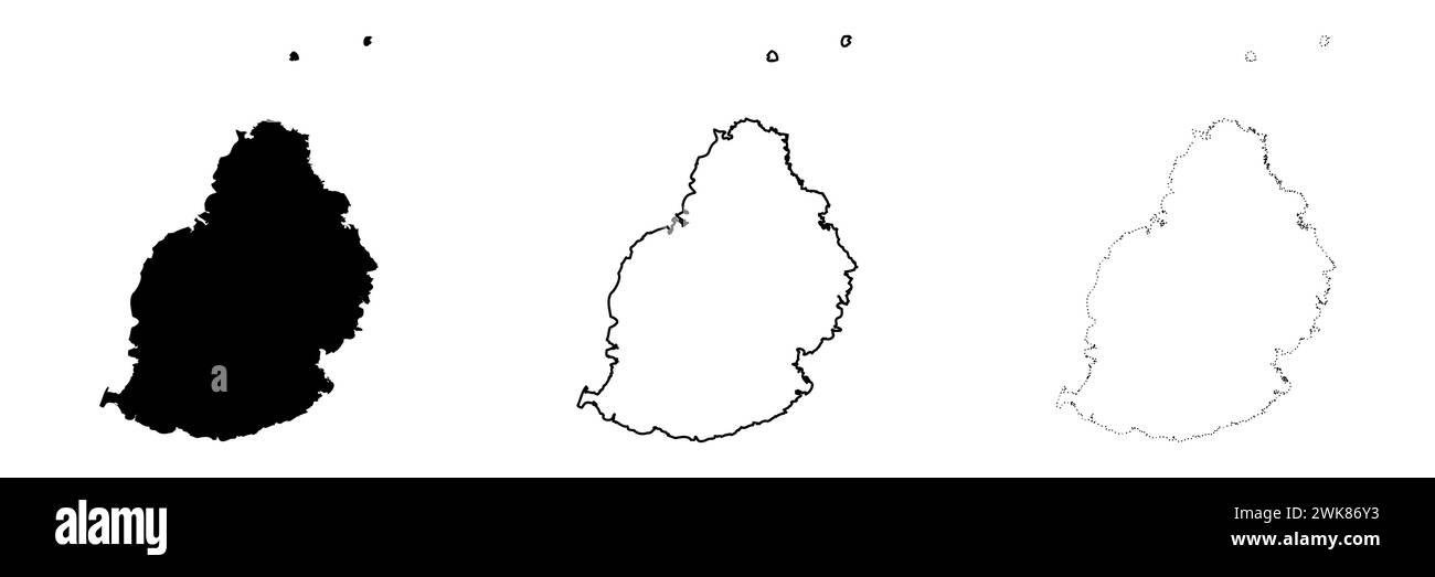 Mauritius country silhouette. Set of 3 high detailed maps. Solid black ...