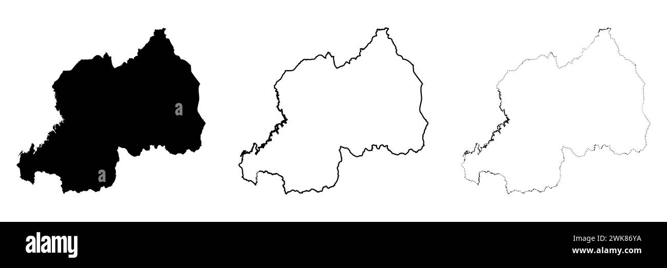 Rwanda country silhouette. Set of 3 high detailed maps. Solid black ...