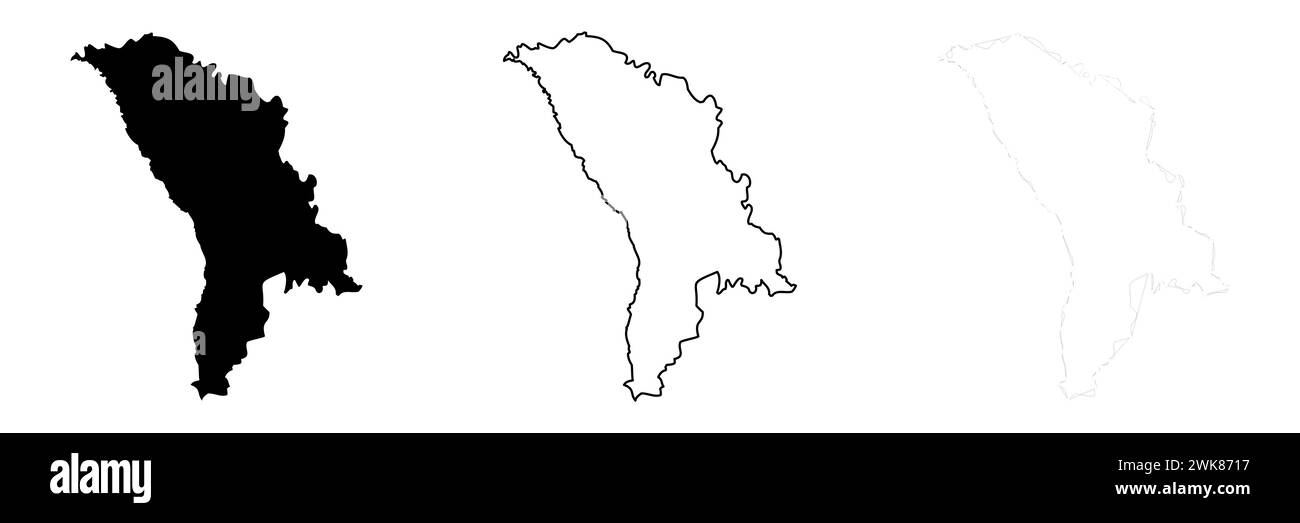 Moldova country silhouette. Set of 3 high detailed maps. Solid black ...