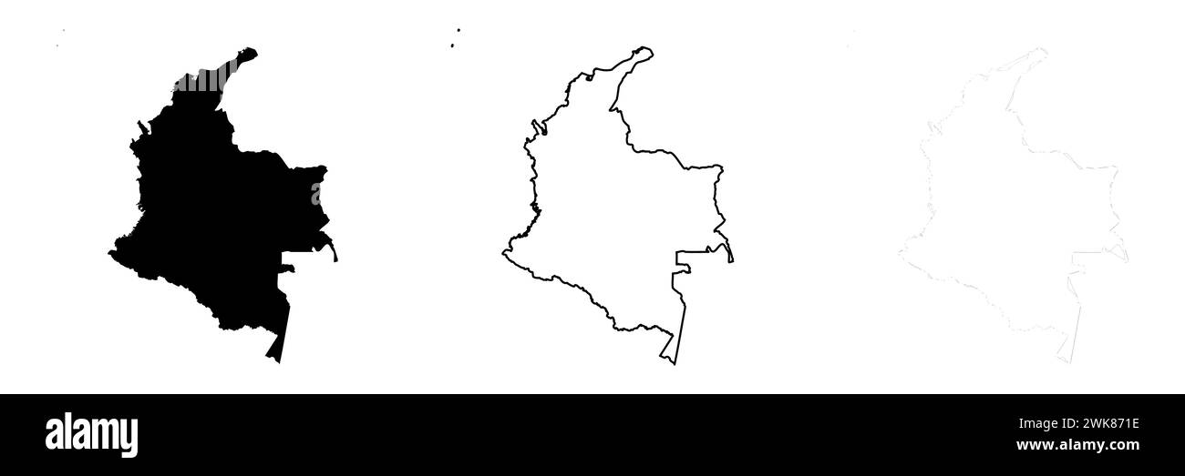 Colombia country silhouette. Set of 3 high detailed maps. Solid black silhouette, thick black ...