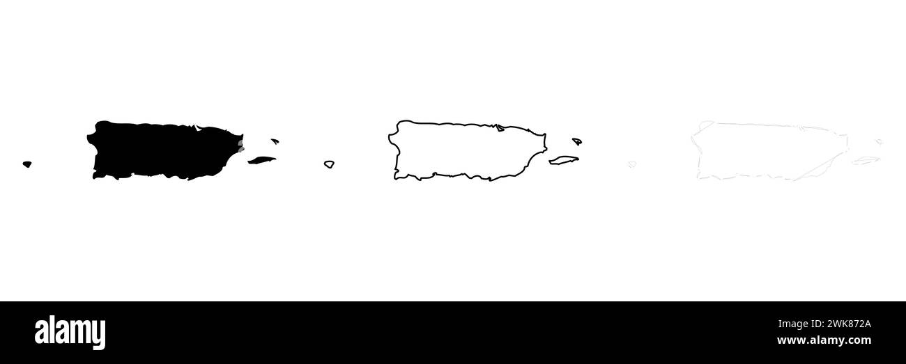 Puerto Rico islands silhouette. Set of 3 high detailed maps. Solid black silhouette, thick black ...