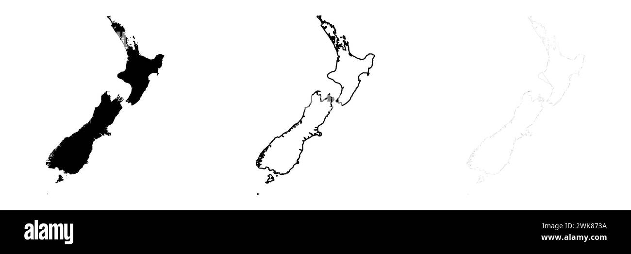 New Zealand country silhouette. Set of 3 high detailed maps. Solid ...