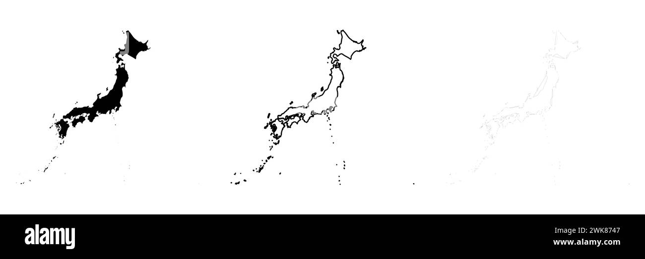 Japan country silhouette. Set of 3 high detailed maps. Solid black ...