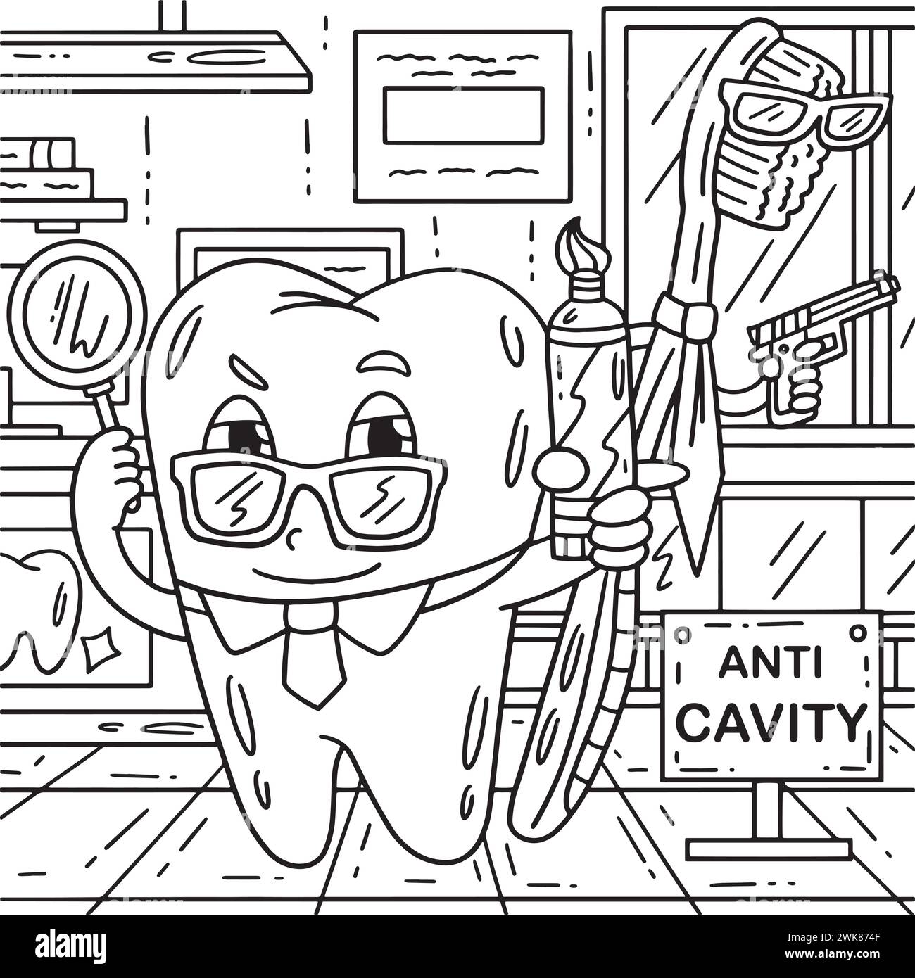 Dental Care Anti Cavity Detectives Coloring Page Stock Vector Image ...