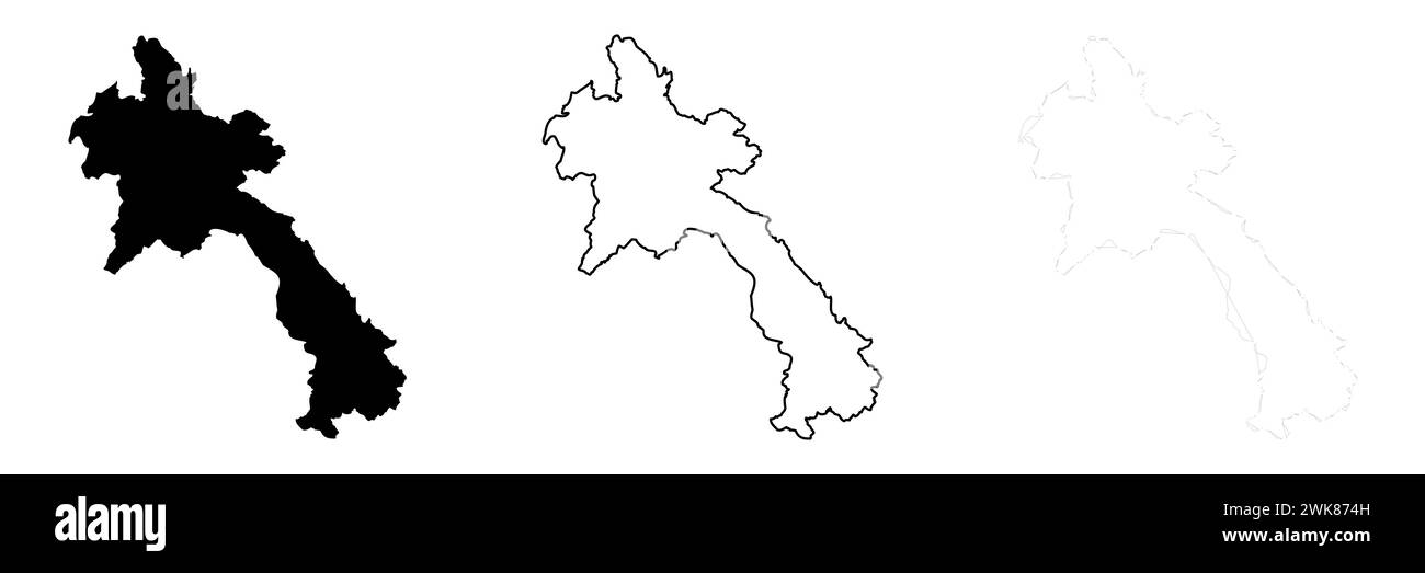Laos country silhouette. Set of 3 high detailed maps. Solid black ...