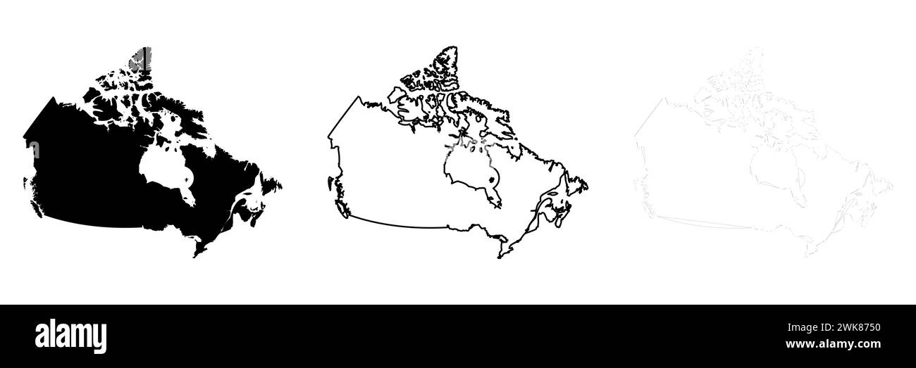 Canada country silhouette. Set of 3 high detailed maps. Solid black ...