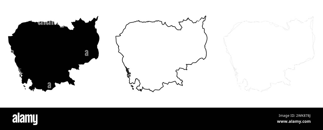 Cambodia country silhouette. Set of 3 high detailed maps. Solid black ...