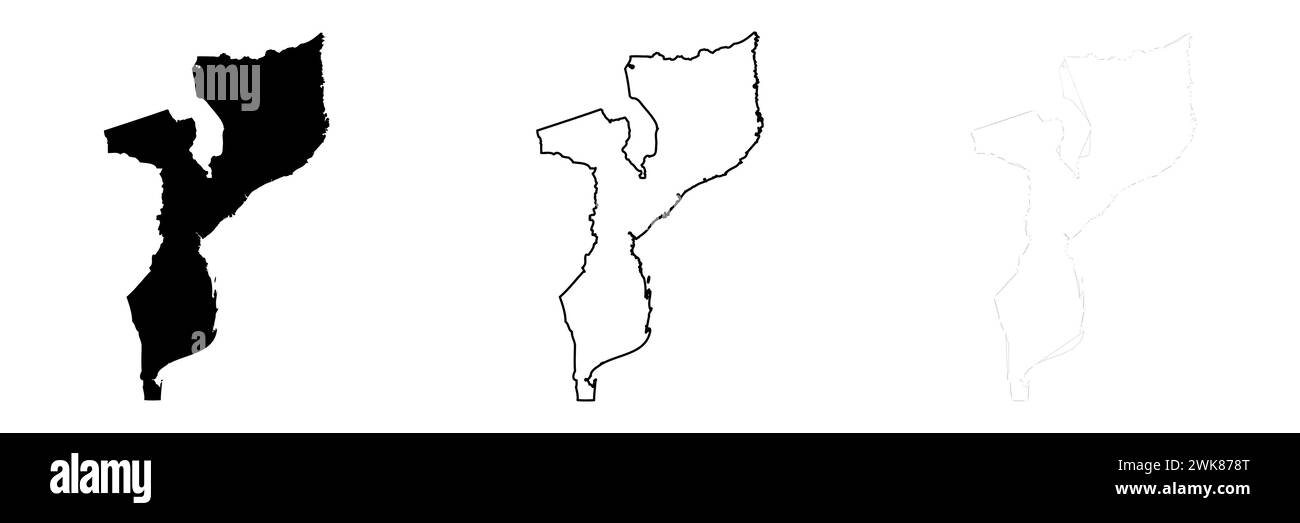 Mozambique country silhouette. Set of 3 high detailed maps. Solid black ...