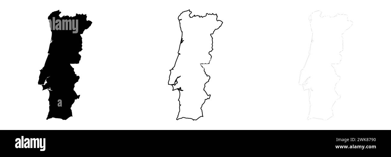 Portugal country silhouette. Set of 3 high detailed maps. Solid black ...