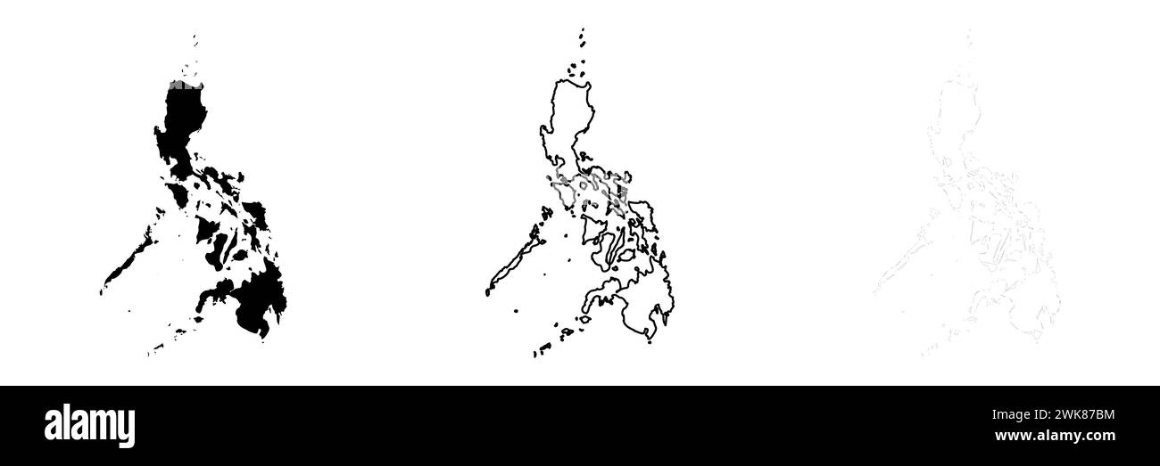 Philippines country silhouette. Set of 3 high detailed maps. Solid black silhouette, thick black ...