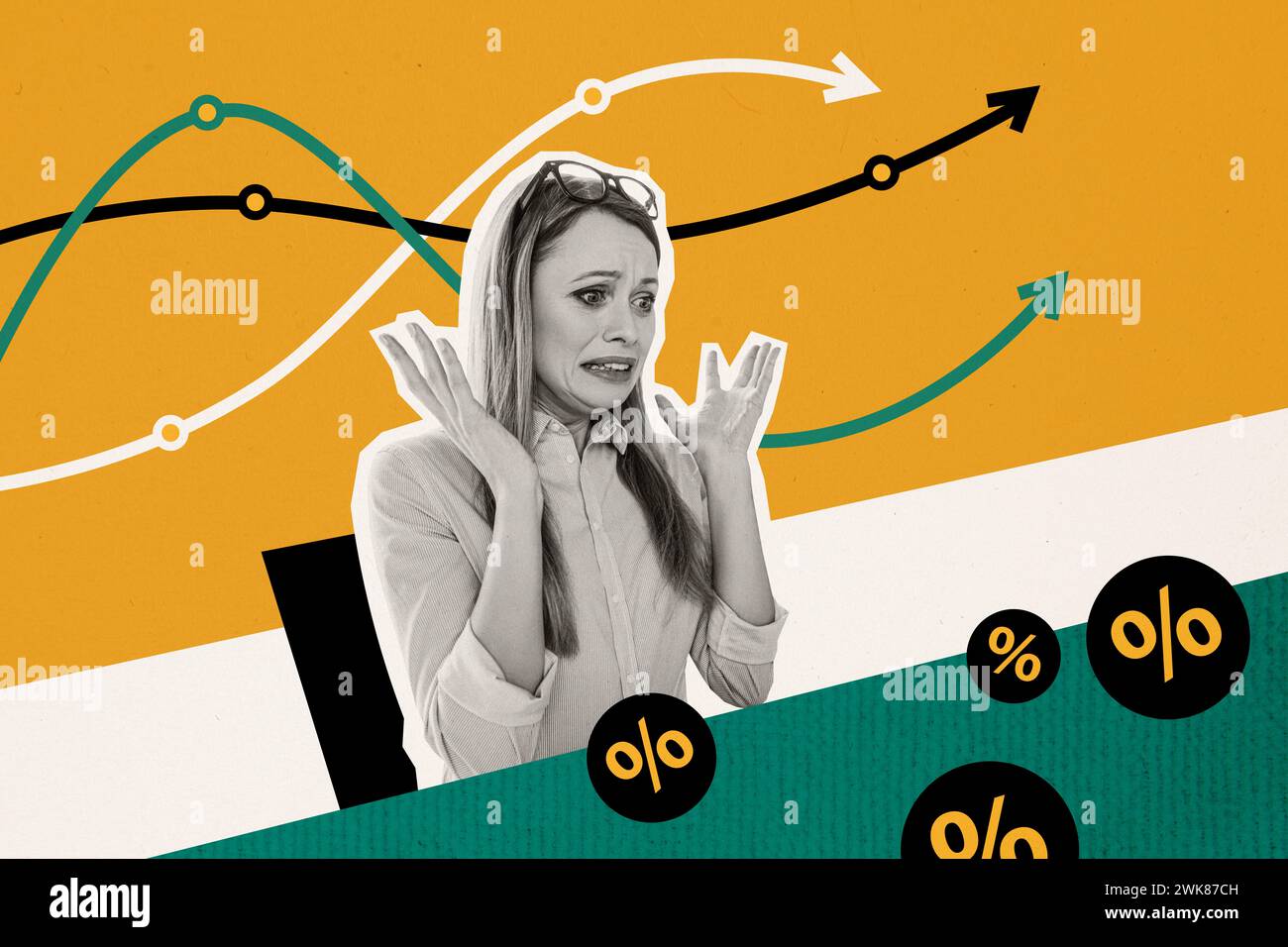 Collage picture of young business woman scared when look at commercial ...