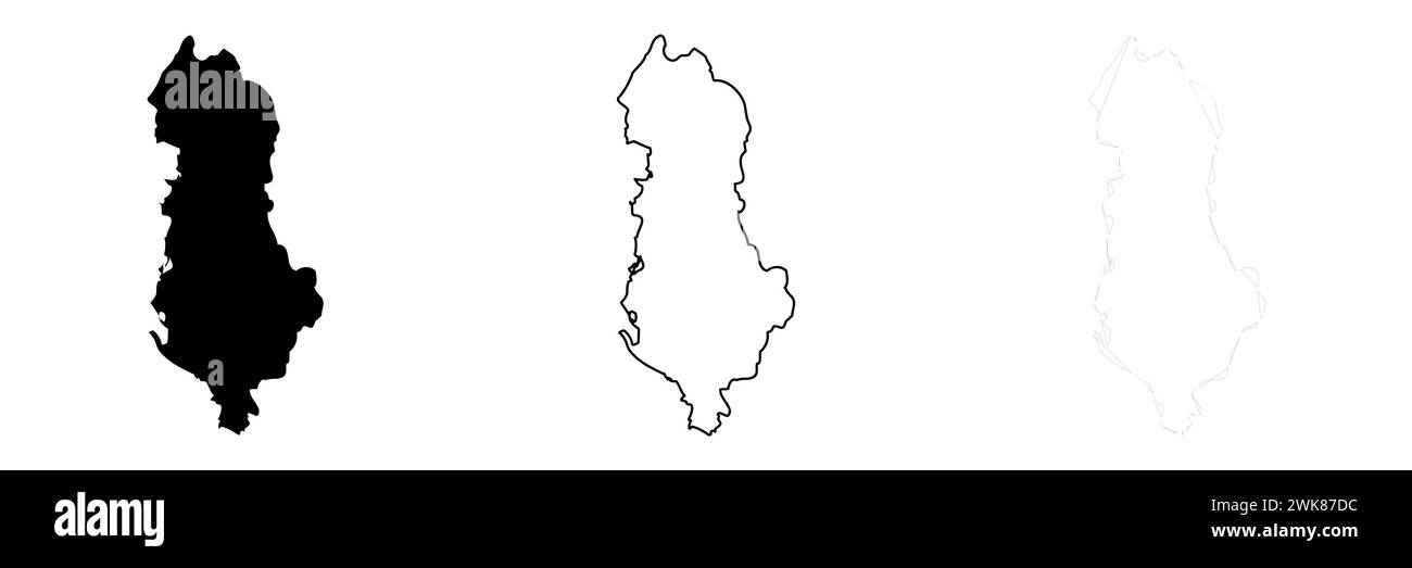 Albania country silhouette. Set of 3 high detailed maps. Solid black silhouette, thick black ...