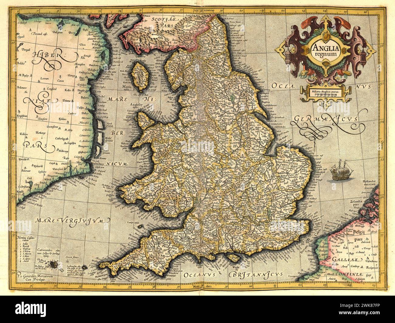 Atlas, map from 1623, England, digitally restored reproduction from an ...