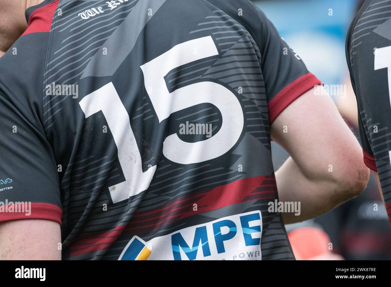 Male amateur rugby union football players playing a game of rugby with ...