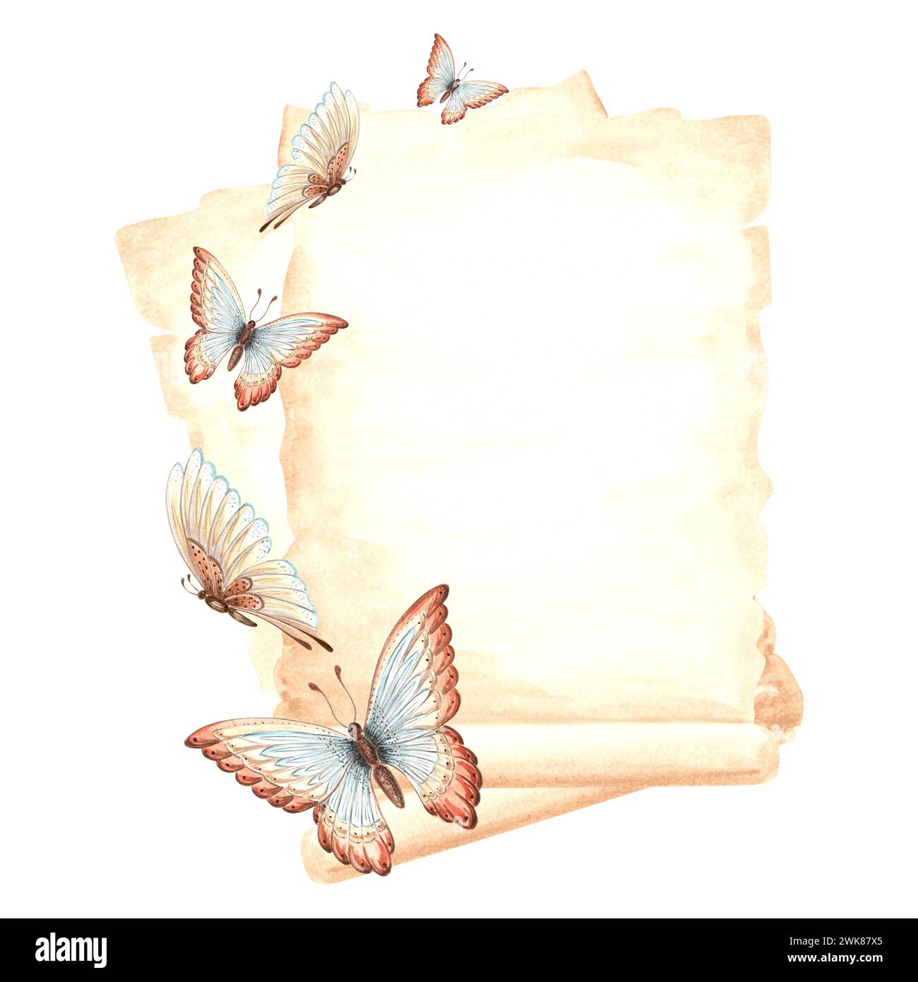 Sheets of vintage parchment handwritten paper with fluttering ...