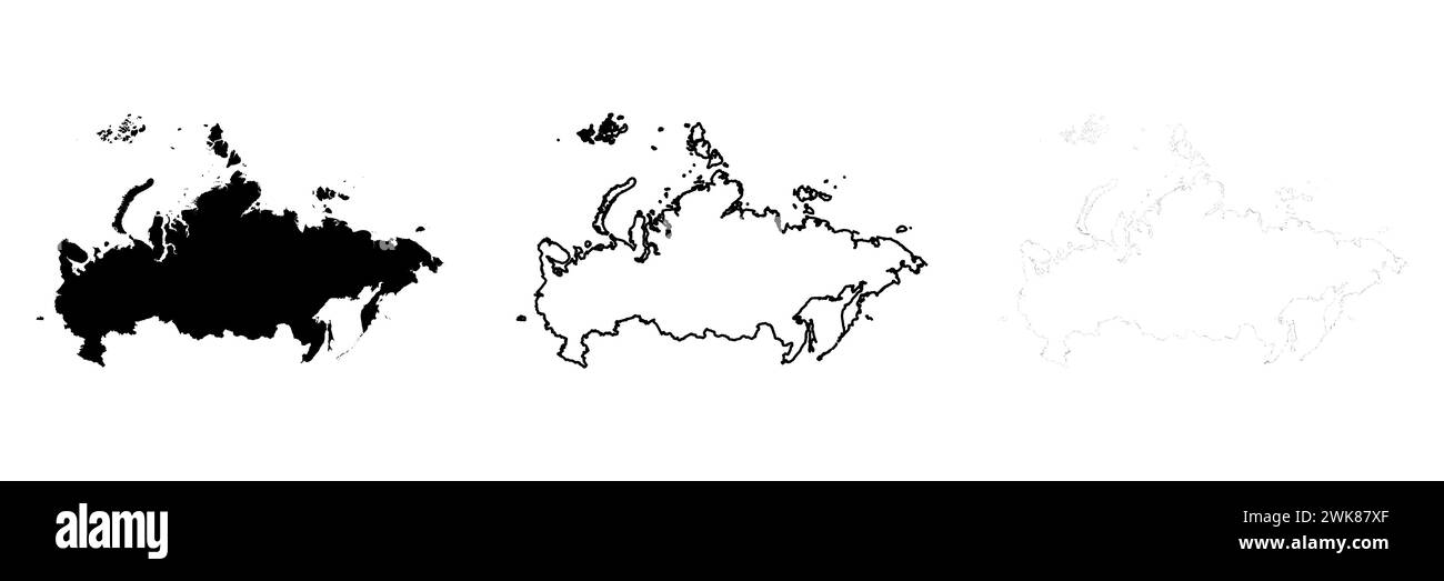 Russia country silhouette. Set of 3 high detailed maps. Solid black ...