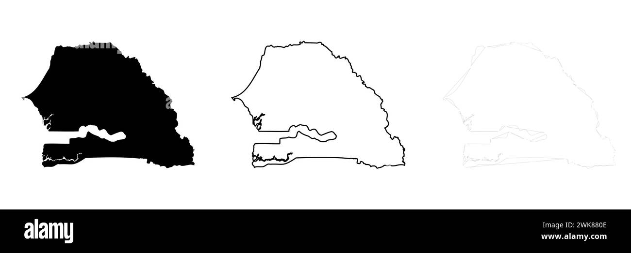 Senegal country silhouette. Set of 3 high detailed maps. Solid black silhouette, thick black ...