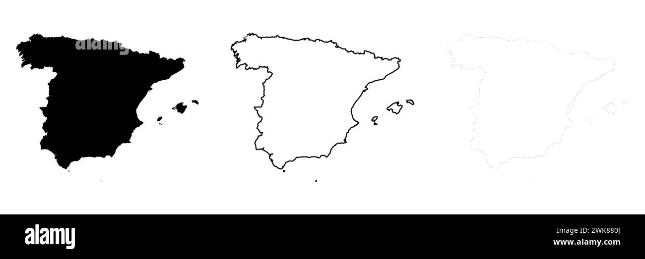 Spain country silhouette. Set of 3 high detailed maps. Solid black ...