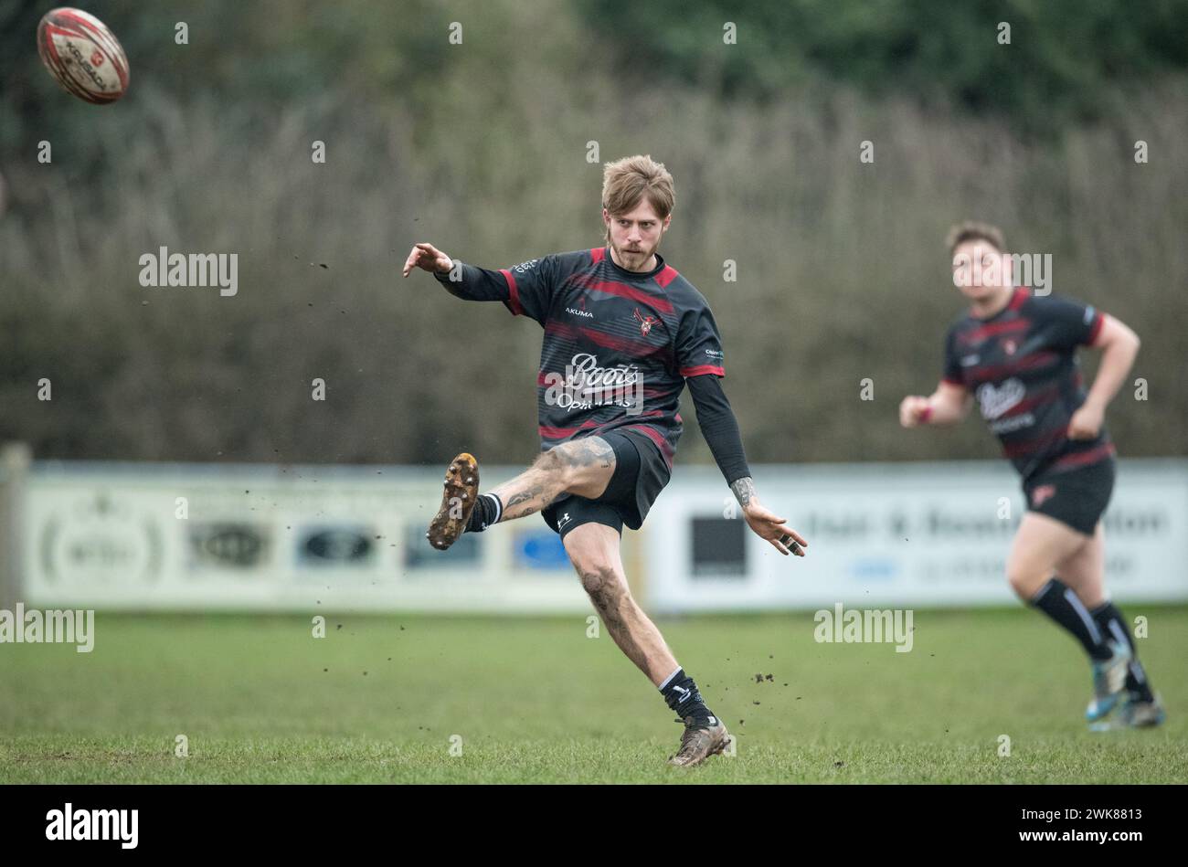 Male amateur rugby union football players playing a game of rugby and ...
