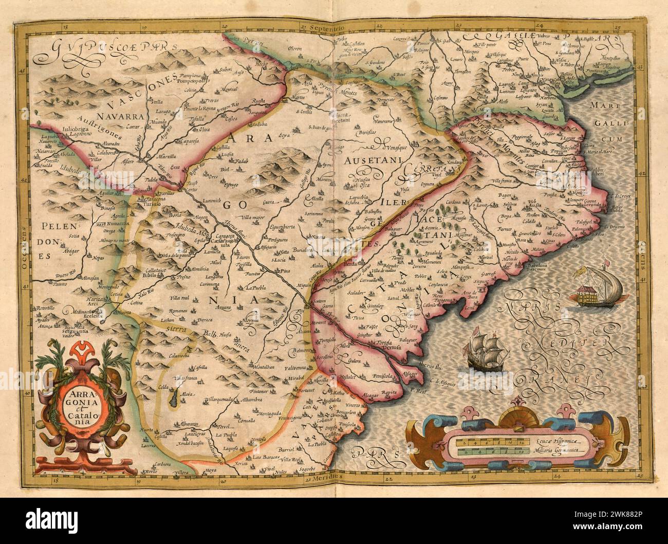 Atlas, map from 1623, Aragon and Catalonia, Spain, digitally restored ...