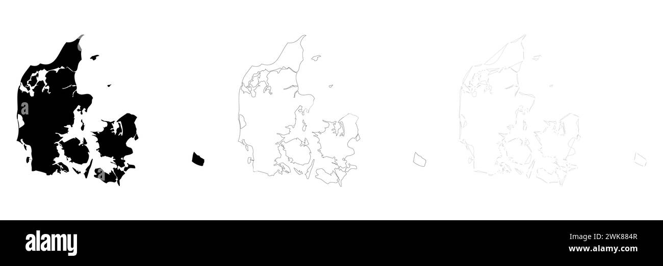 Denmark country silhouette. Set of 3 high detailed maps. Solid black silhouette, thick black ...