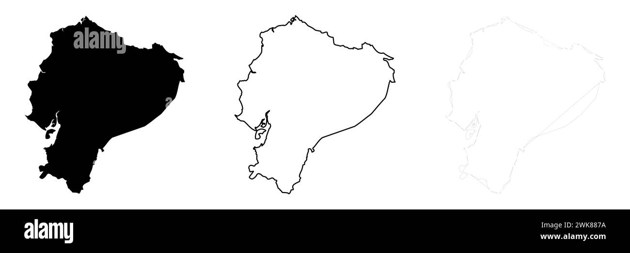 Ecuador country silhouette. Set of 3 high detailed maps. Solid black ...