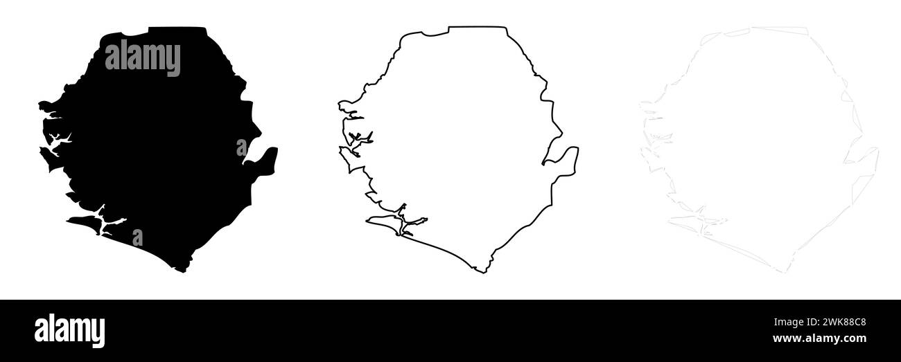 Sierra Leone country silhouette. Set of 3 high detailed maps. Solid black silhouette, thick ...