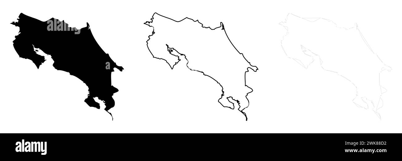 Costa Rica country silhouette. Set of 3 high detailed maps. Solid black ...