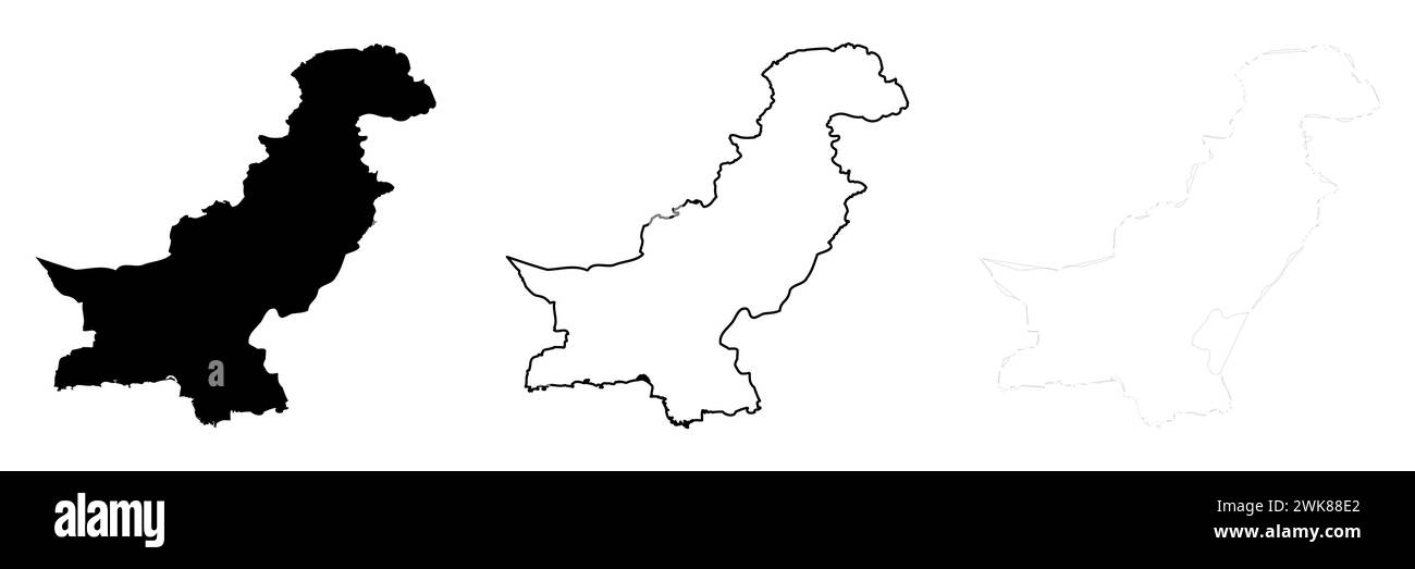 Pakistan country silhouette. Set of 3 high detailed maps. Solid black ...