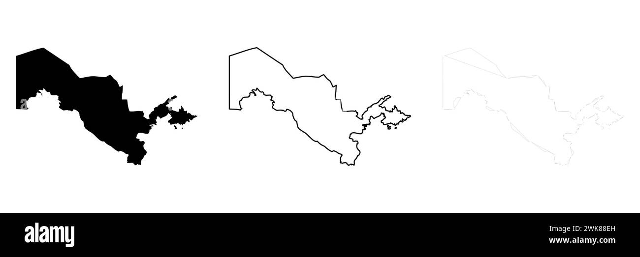 Uzbekistan country silhouette. Set of 3 high detailed maps. Solid black silhouette, thick black ...