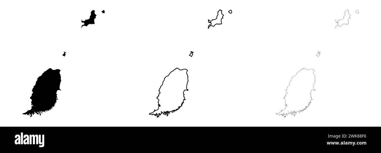 Grenada country silhouette. Set of 3 high detailed maps. Solid black silhouette, thick black ...