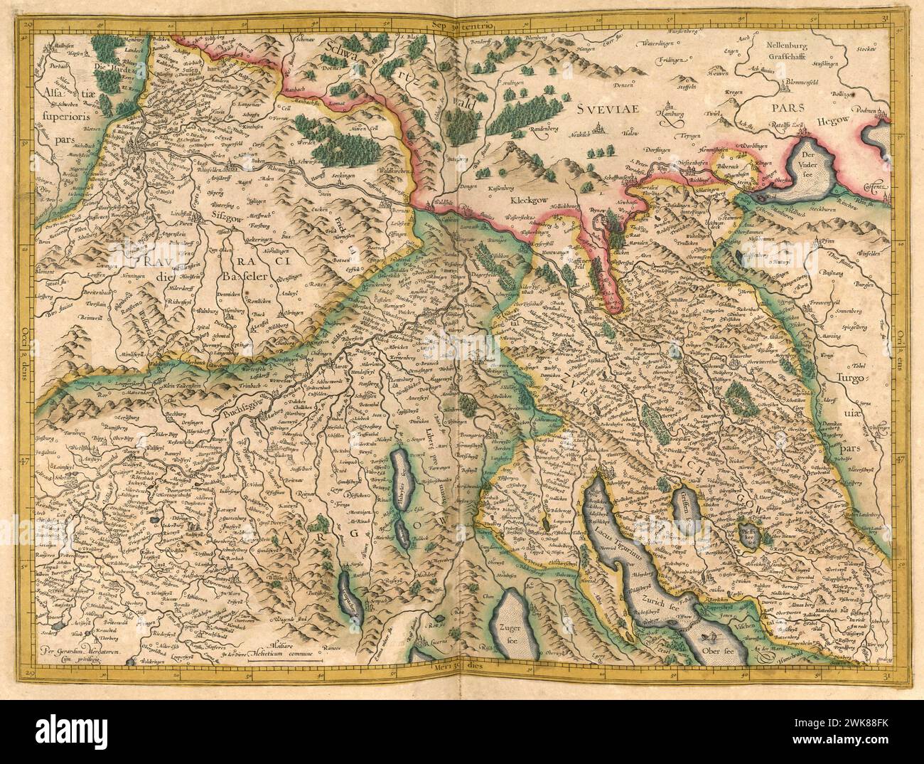 Atlas, map from 1623, Switzerland, digitally restored reproduction from ...